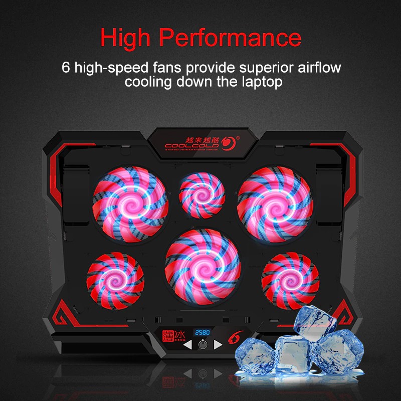 Coolcold Gaming Laptop Cooler Notebook Cooling Pad 6 Silent Red/Blue Led Fans Powerful Air Flow ...