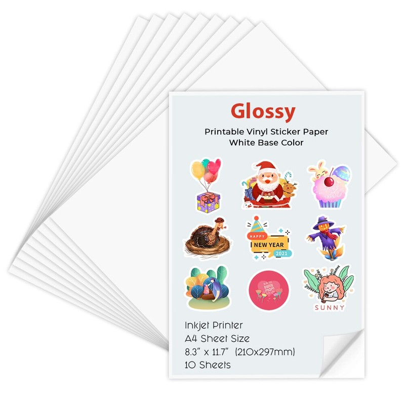 10 Sheets Printable Vinyl Sticker Paper A4 Glossy Self-Adhesive Copy ...