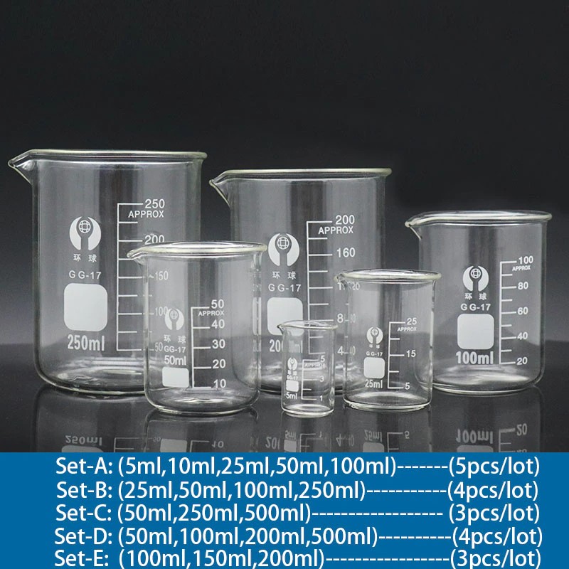 Set A-F Lab Borosilicate Glass Beaker Heat-Resist Scaled Measuring Cup ...