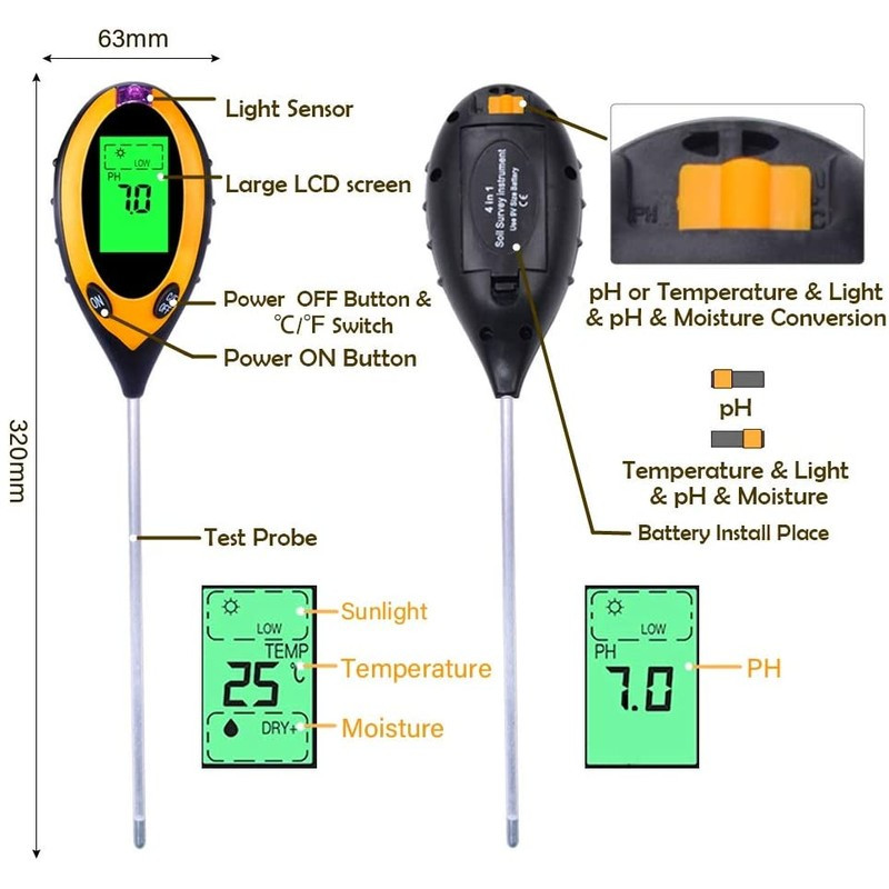 Soil Ph Tester, 3/4 In 1 Ph Light Acidity Meter Plant Soil Tester Kit ...