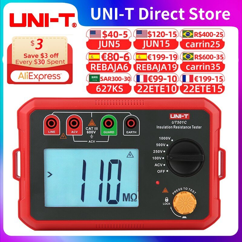 Testeur De Résistance D'Isolation Ut501C, 5G Ω Voltmètre Mesureur De ...