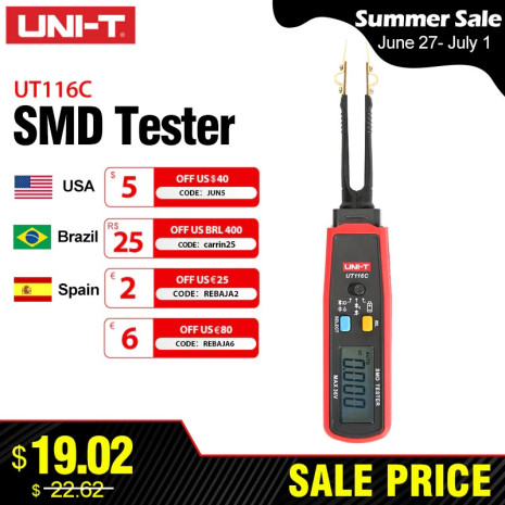 Uni-T Ut116C Smd Tester 36V Dc Spanning Batterij Meting Rotable Tweezer ...